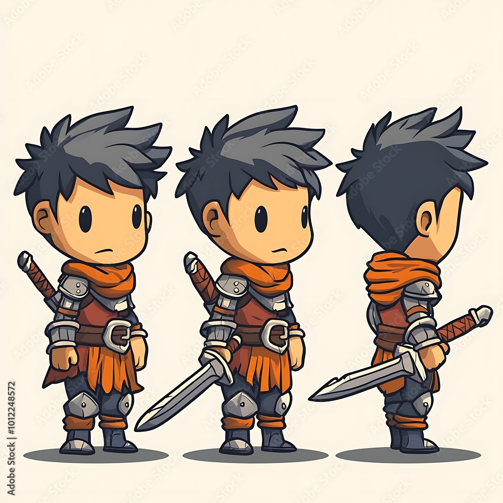 Cartoon 2D Sprite Sheet, Warrior Character with Sword, Front, Side, and ...
