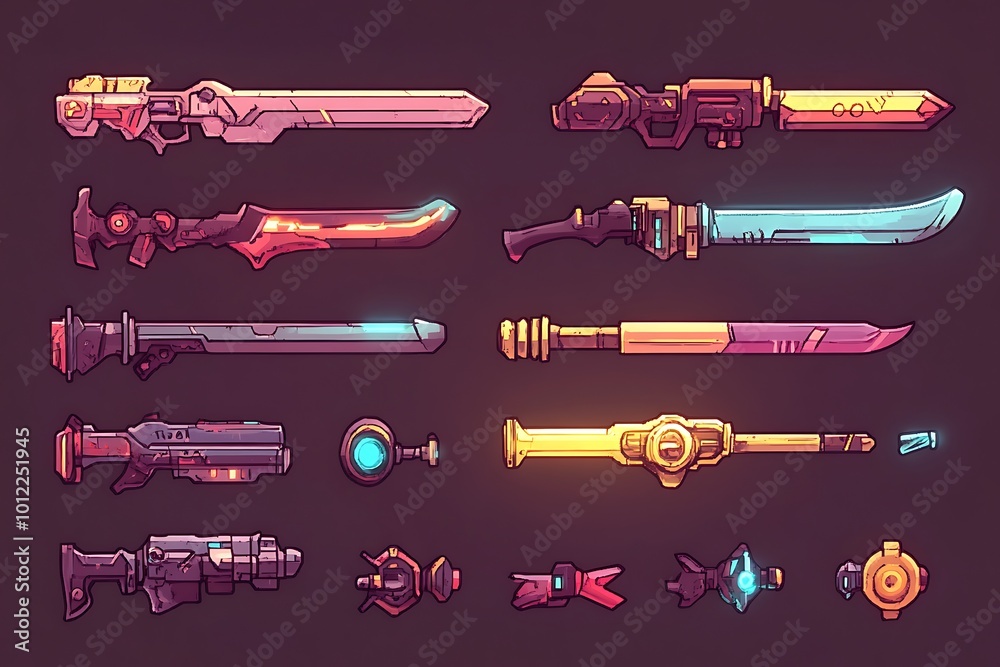 Pixel art set of futuristic weapon designs for video game or mobile app ...