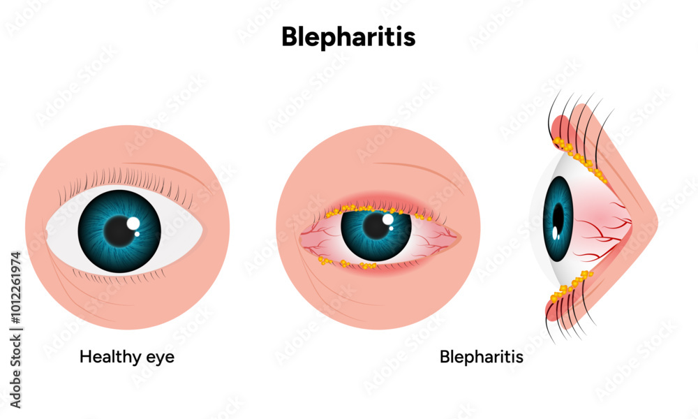 Blepharitis eye disease. Ophthalmology Inflamed sick human eye and ...