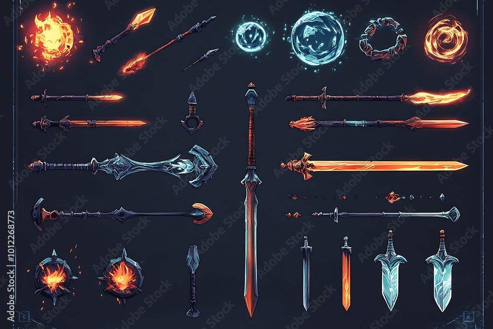 Fire and ice game assets, weapons and magic effects sprite sheet Stock ...