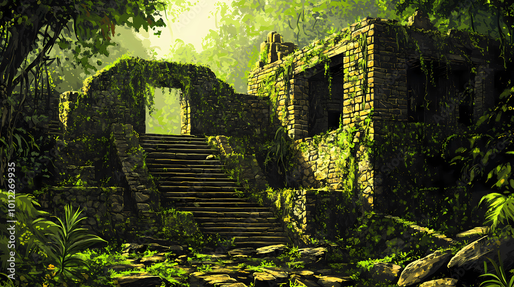 Ancient fortress hidden in a thick jungle, ruins covered in vines and moss, hinting at forgotten ...