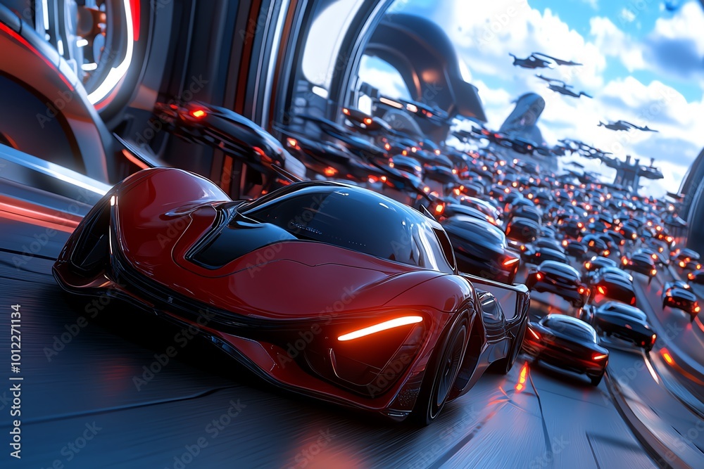 A futuristic highway with flying cars facing a massive traffic jam ...