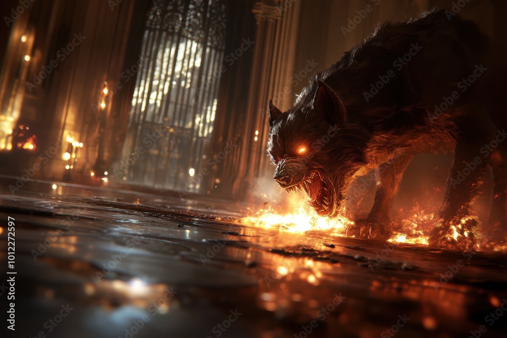 A menacing wolf-like beast emits a feral growl, standing amidst intense ...