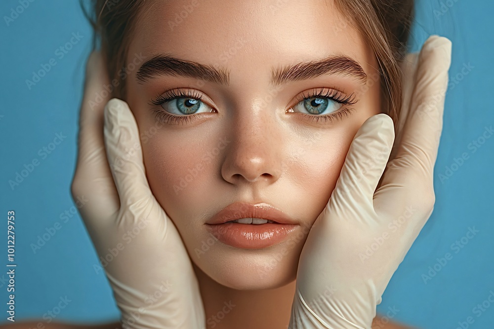 Doctor wearing medical gloves is examining the face of a young woman ...