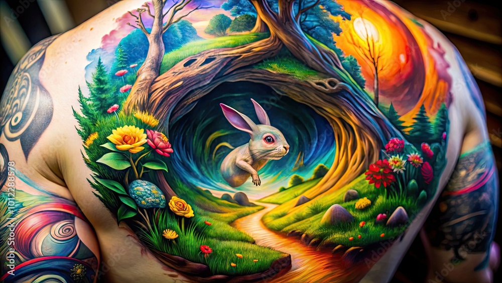 Intricate Tattoo Design of a Fantasy Scene Featuring a Figure Falling ...