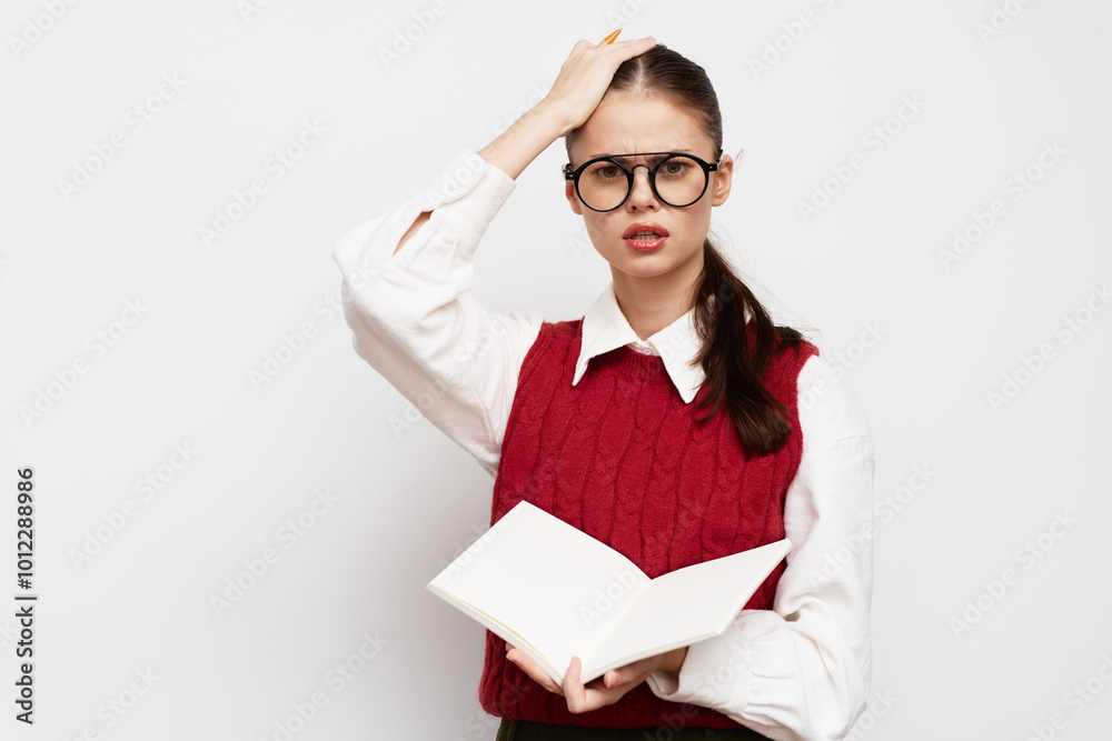 concerned student with glasses holding an open book, looking confused ...