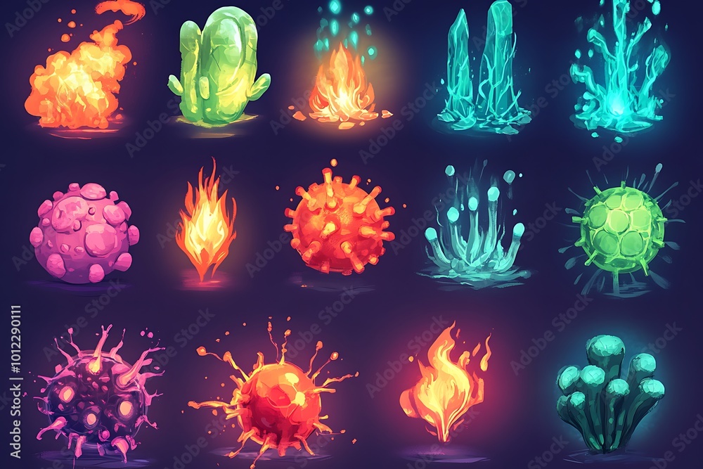 2D Cartoon Game UI Elements, Fire, Slime, Crystal & Magic Sprites Stock ...