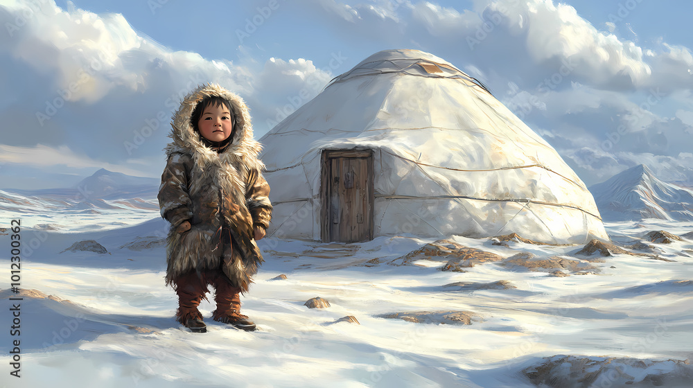 Inuit young child dressed in traditional fur clothing, standing proudly ...