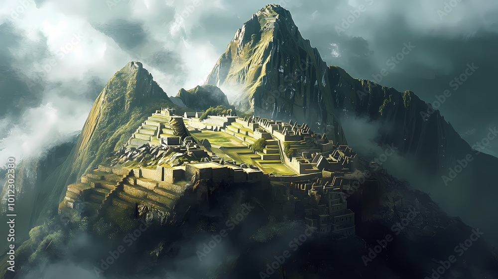 Machu picchu: ancient city in the clouds. Incan Empire. Illustration ...