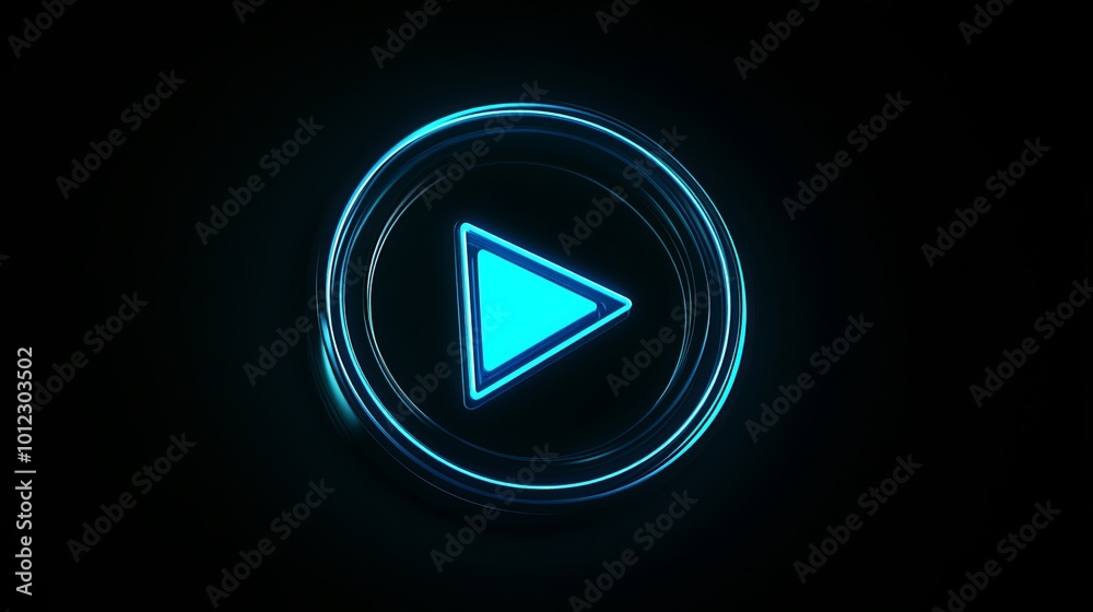 Animated neon play button in blue on a black background. The button is ...