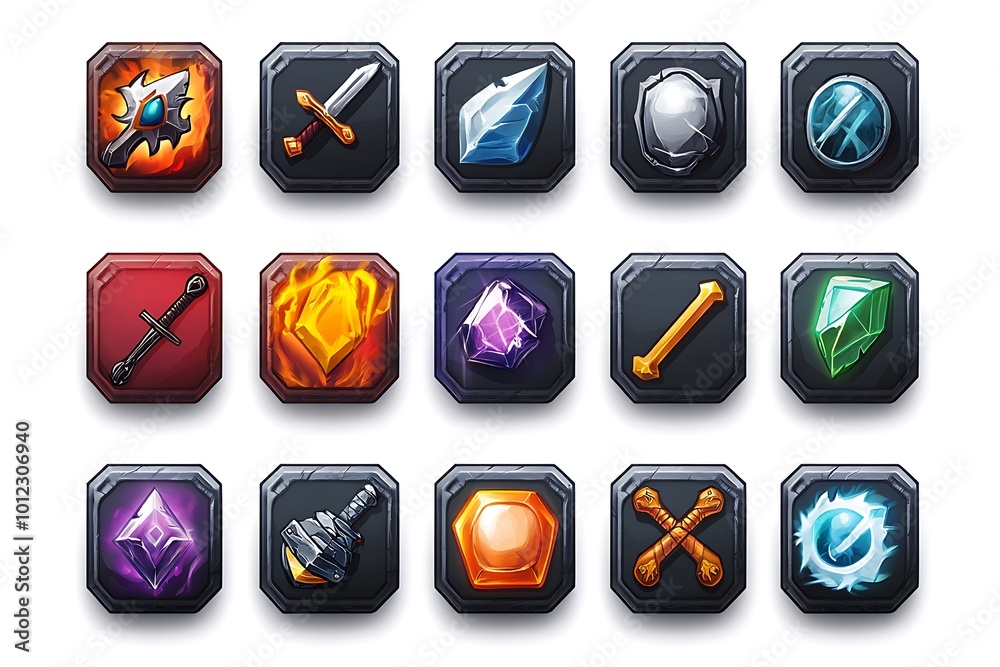 Set of 18 Cartoon RPG Game UI Icons, Weapon, Item and Magic Elements ...