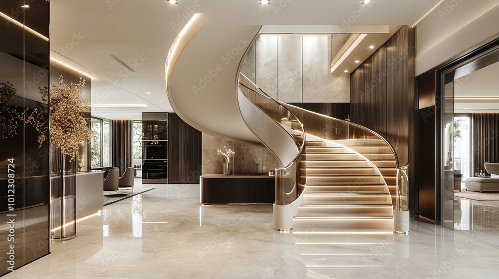 Modern and opulent home interiors featuring an elegant staircase, foyer ...