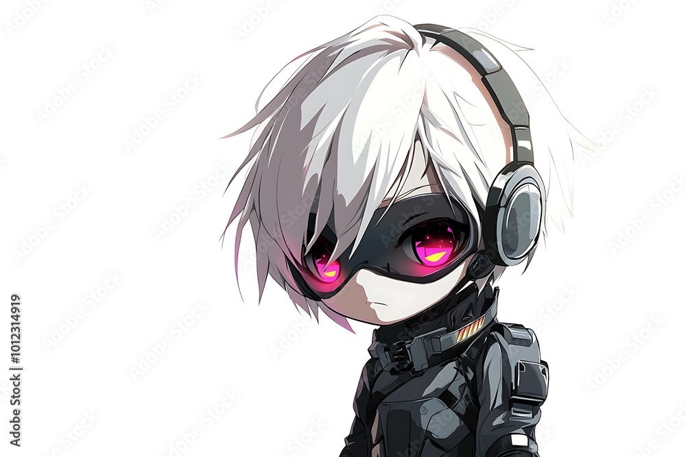 Chibi Anime Boy with White Hair, Red Eyes, Headphones and Goggles on a ...