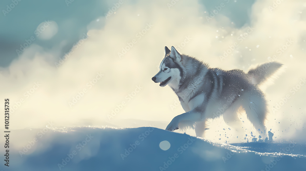 Siberian husky dog shaking off snow after a playful romp in the winter ...