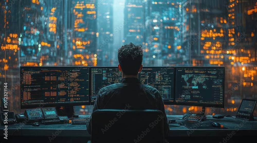A man sits at a desk in front of multiple computer monitors with a view ...