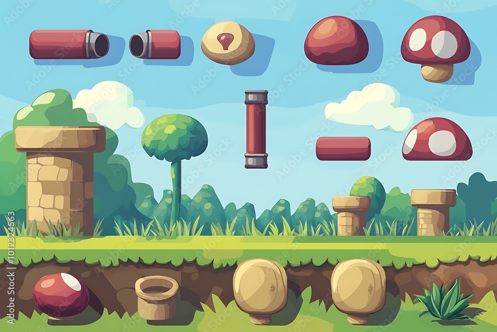 Retro 2D Pixel Art Game Assets, Mushrooms, Pipes, Blocks, and Ground ...