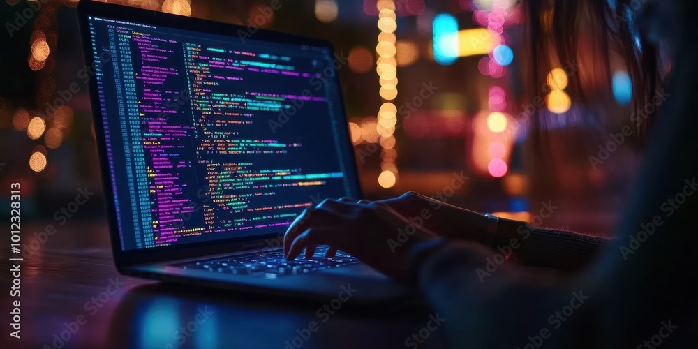 Programmer working on their professional development types on a laptop computer keyboard. Coding ...
