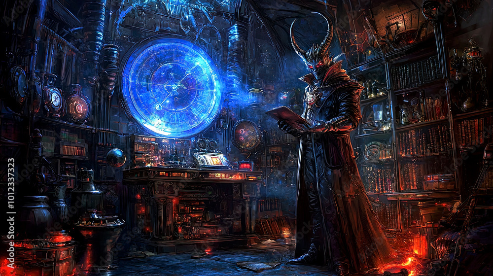 Necromancer wizard with horned helmet standing in his dark laboratory ...