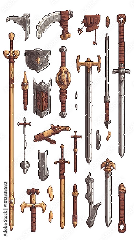 Pixel Art Weapons Sprite Sheet, Swords, Axes, and Shields for Game ...