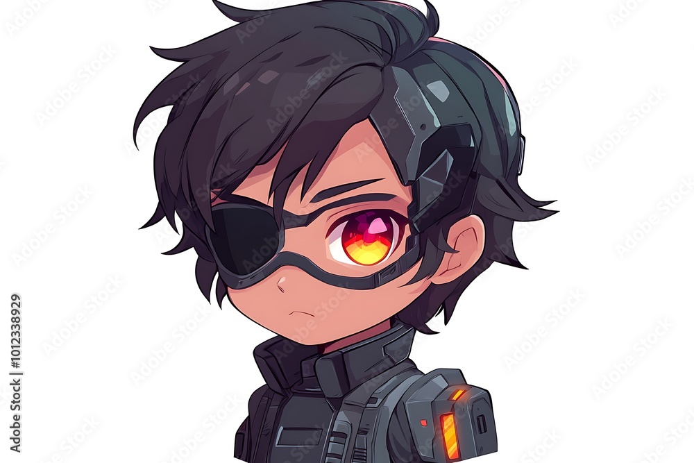 Chibi Anime Boy Character with Eyepatch and Glowing Red Eye Stock ...
