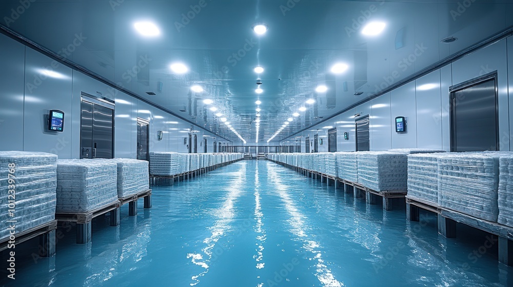 A long, narrow corridor with a blue tiled floor and white pallets ...