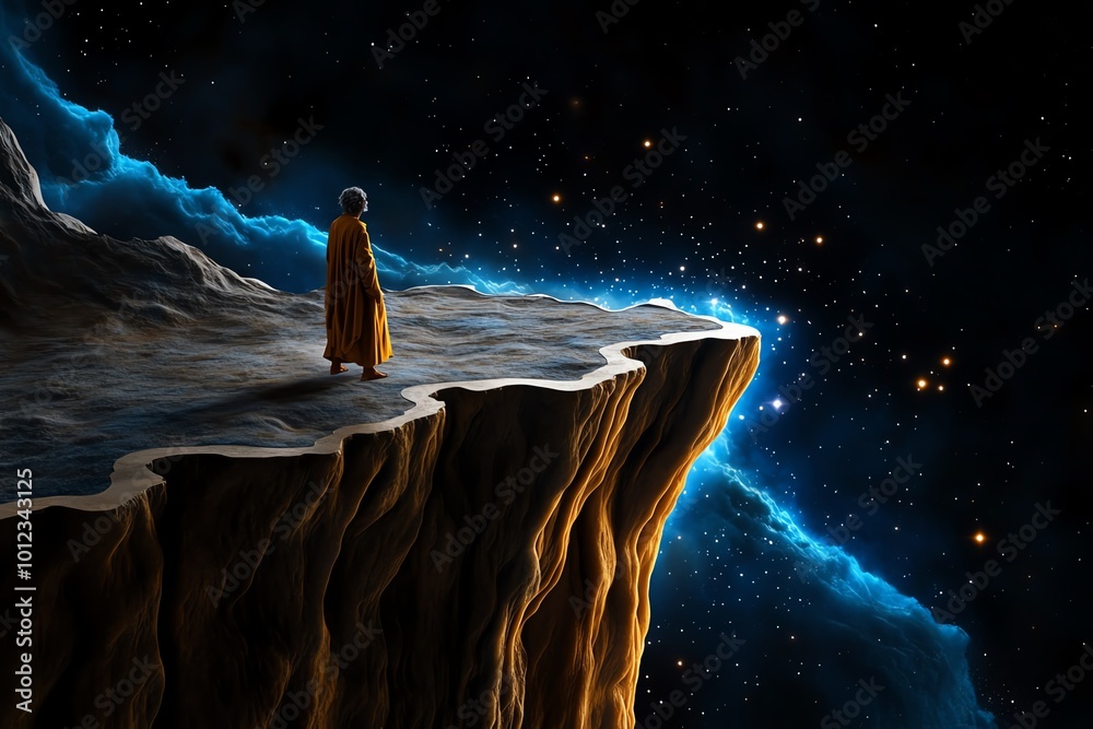 A mystical philosopher standing on the edge of an ethereal void, with ...
