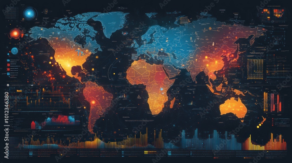 Futuristic world map with data visualization, showing connections and global networks. Stock ...