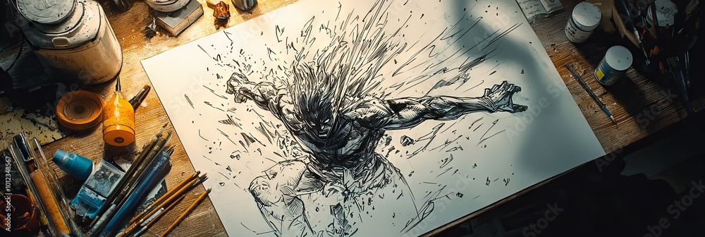 In this close-up, pencil sketches and inked panels can be seen spread ...