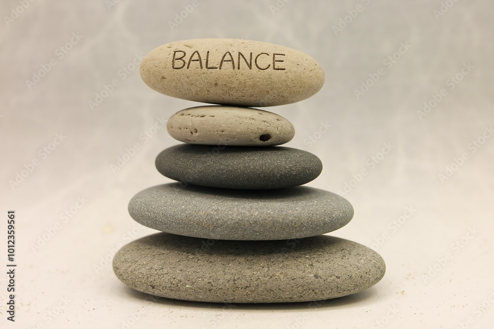 Balanced stack of smooth stones with 'Balance' engraved on top Stock ...