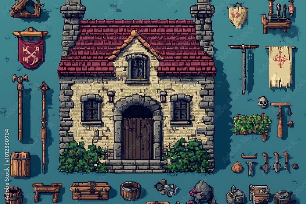 Medieval pixel art house with surrounding assets, sprites for game ...