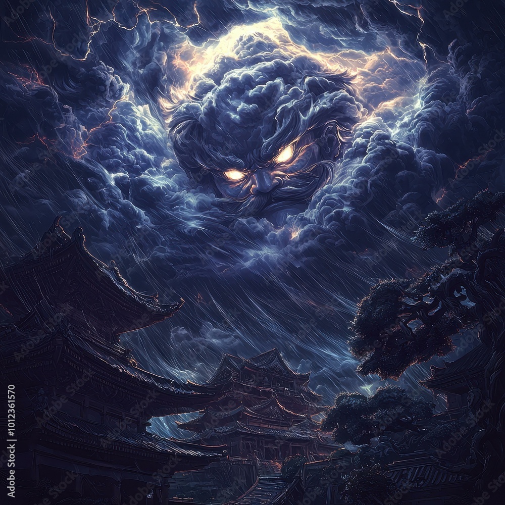 Susanoo the Japanese Storm God Summoning a Typhoon with Glowing Clouds ...