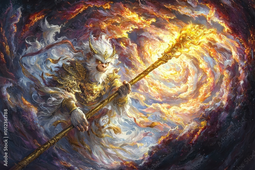 Sun Wukong the Monkey King Wielding His Golden Staff Amidst Vibrant ...