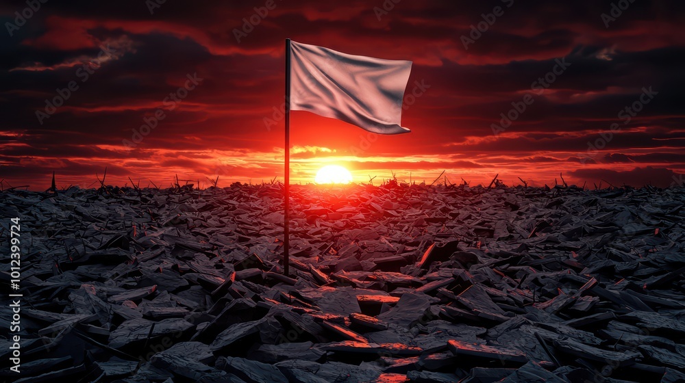 A stark landscape dominated by rubble under a dramatic sunset ...