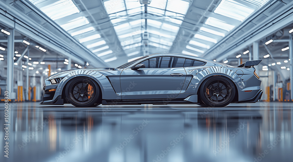 Side profile of a custom grey widebody Shelby car in industrial garage ...