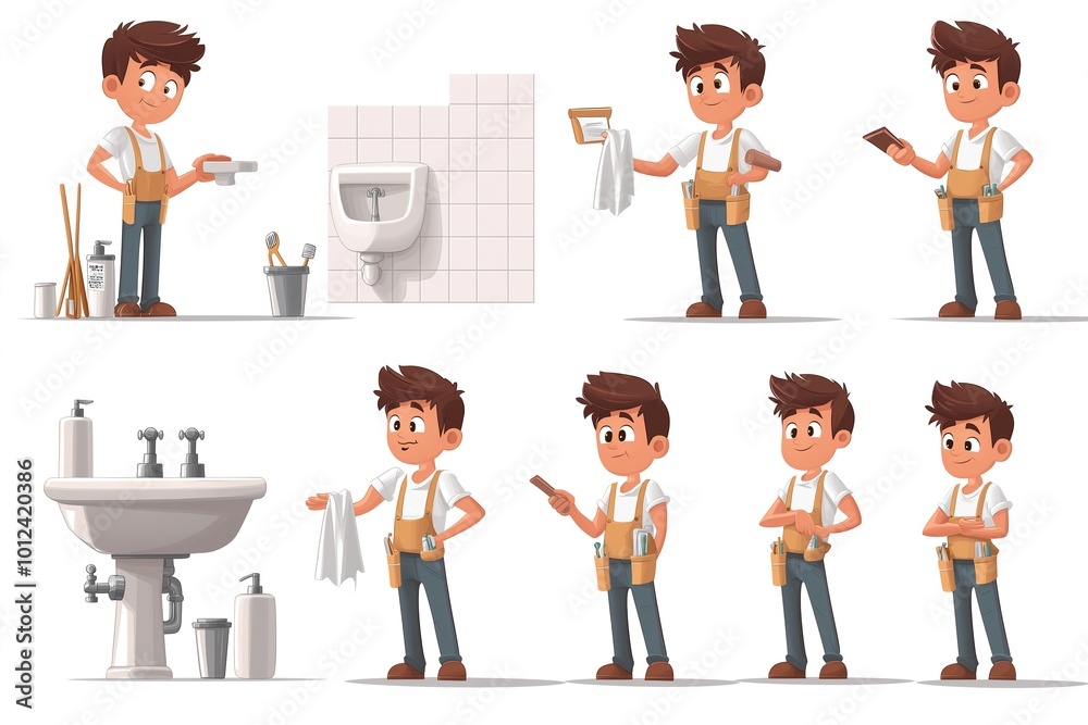 A cartoon character demonstrates various cleaning tasks in a restroom ...