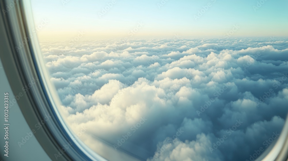 Layered clouds stretching from airplane window, blue sky and soft light ...