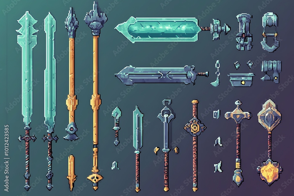 Pixel Art Weapon Sprite Sheet, Swords, Staves, and More Stock イラスト ...