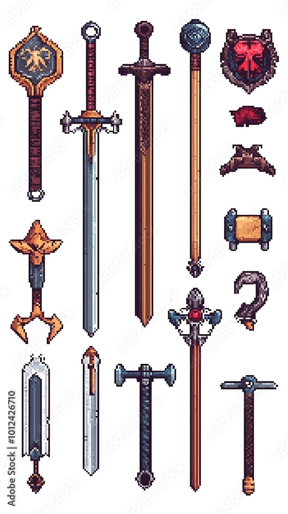 Pixel Art Weapon Set, Swords, Axes, Maces and Shields for Game Design Stock Illustration | Adobe ...