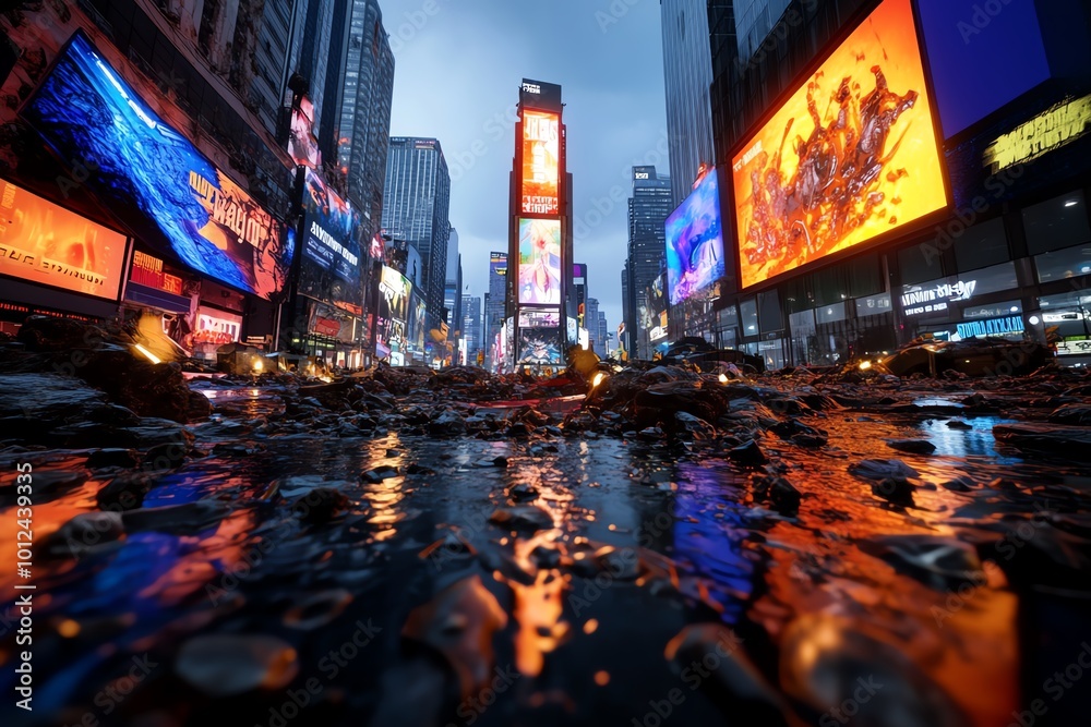 A futuristic city crumbling into ruins, with towering skyscrapers ...