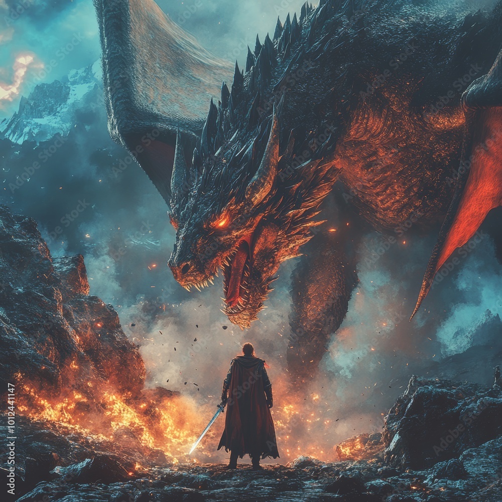 Fantasy Dragon and Warrior Confrontation Epic Battle Scene Mythical ...