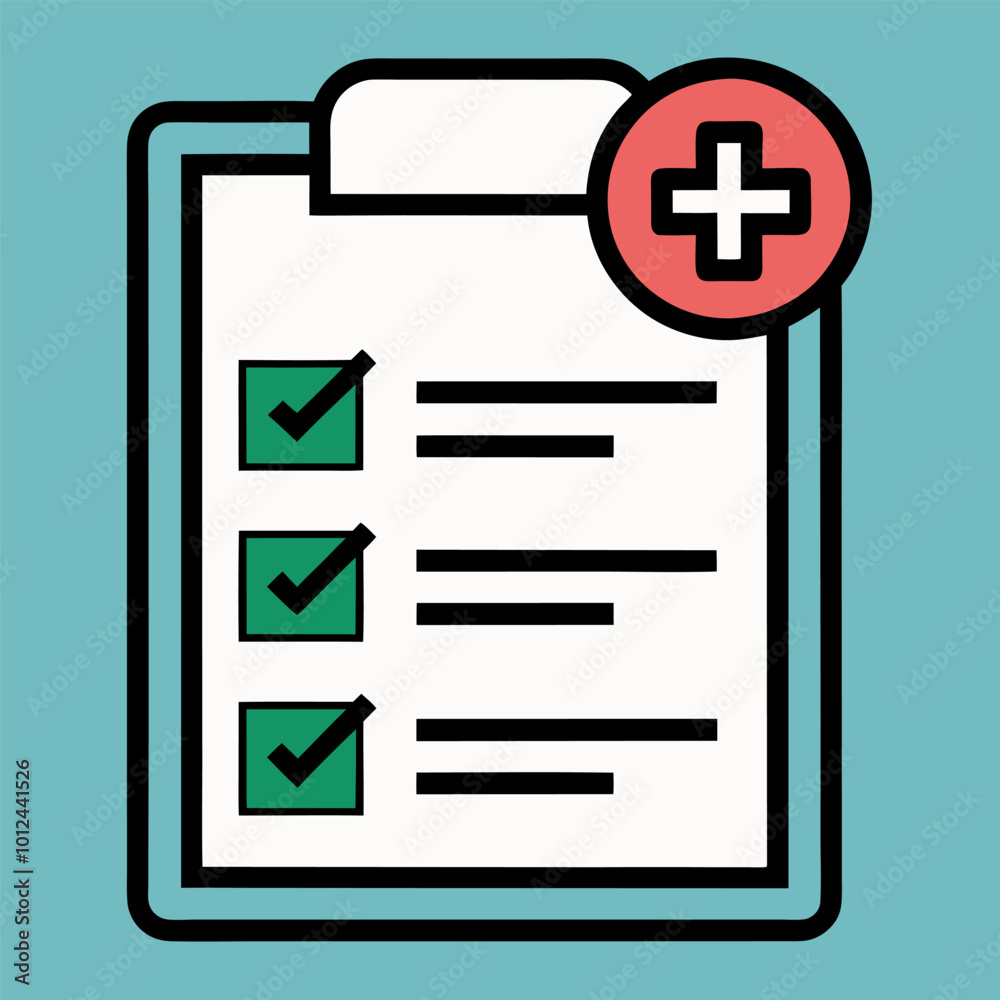 Medical form list with results data and approved check mark vector icon ...