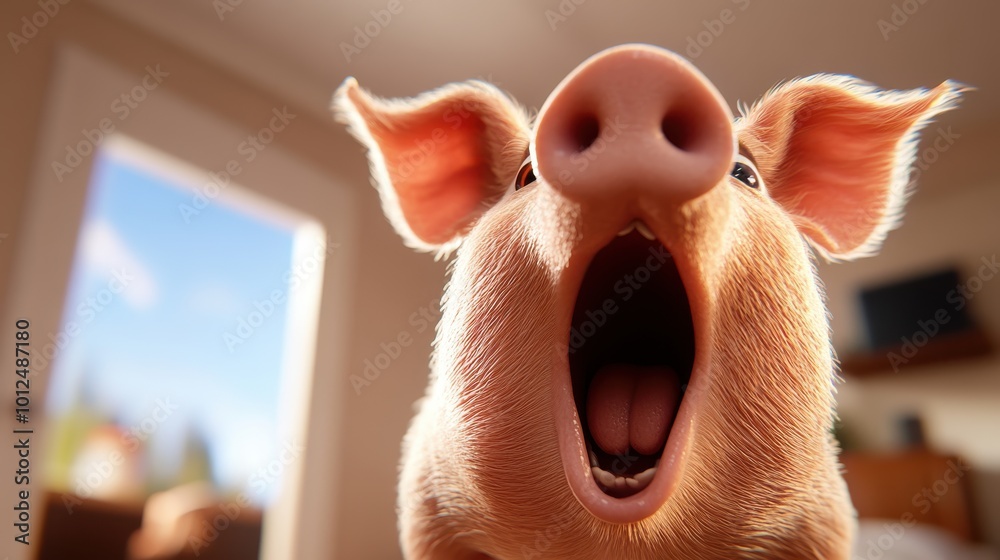 A close-up image of a joyful pig with its mouth open wide, captured in ...