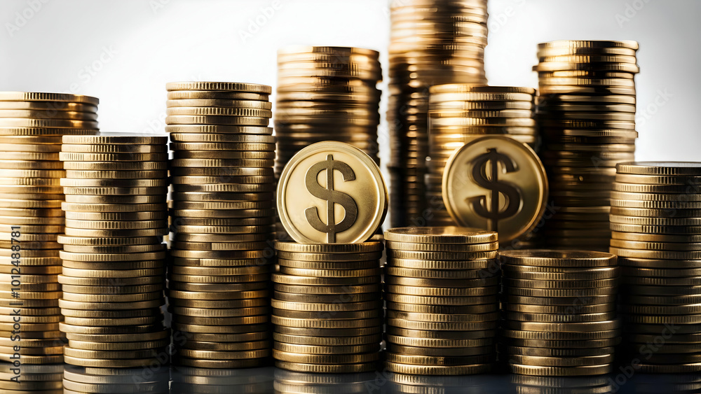Floating stacks of coins and a dollar sign hover in a vertical ...