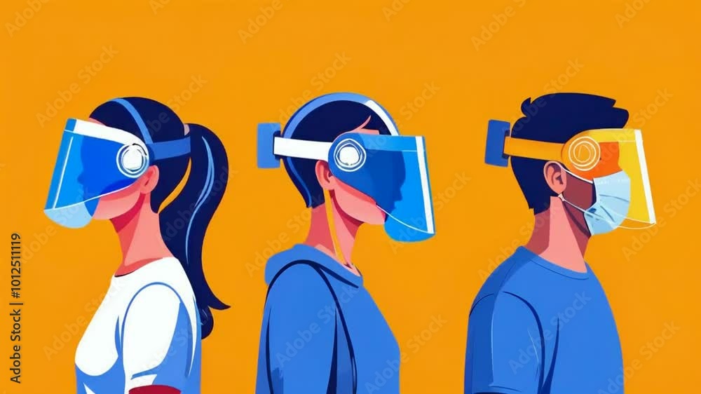 Three individuals wearing futuristic face shields against a bright ...