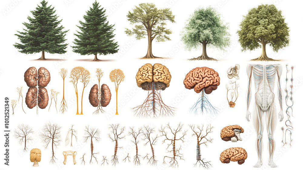 Illustration comparing tree structures to human anatomy and neural ...