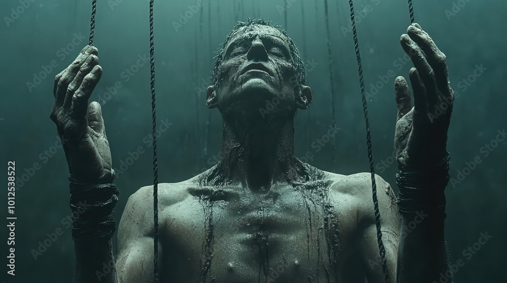 A close-up of puppet strings tightly wrapped around a humanoid wrists ...