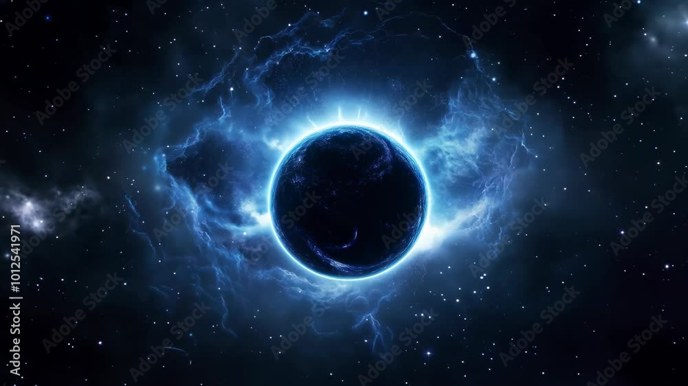 Celestial eclipse hovers in starry void. Dark sphere encircled by radiant corona against starry ...