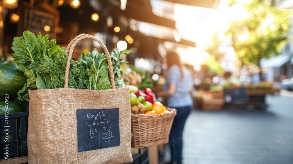 An outdoor market stall with fresh vegetables in eco-friendly bag under ...