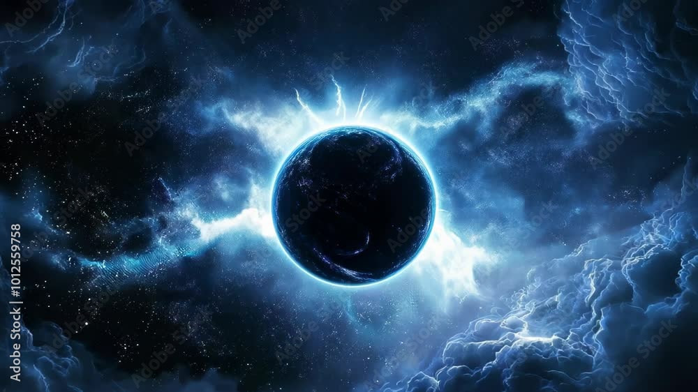 Celestial eclipse hovers in starry void. Dark sphere encircled by radiant corona against starry ...