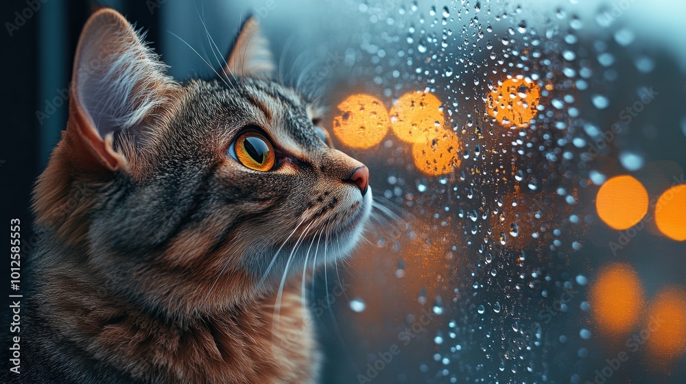 A close-up of a cat’s face pressed against the window, watching ...